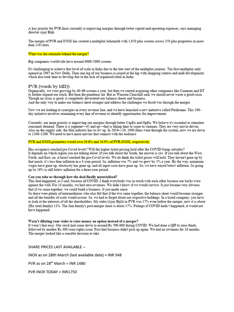PVR Inox Merger | PDF | Financial Economics | Business
