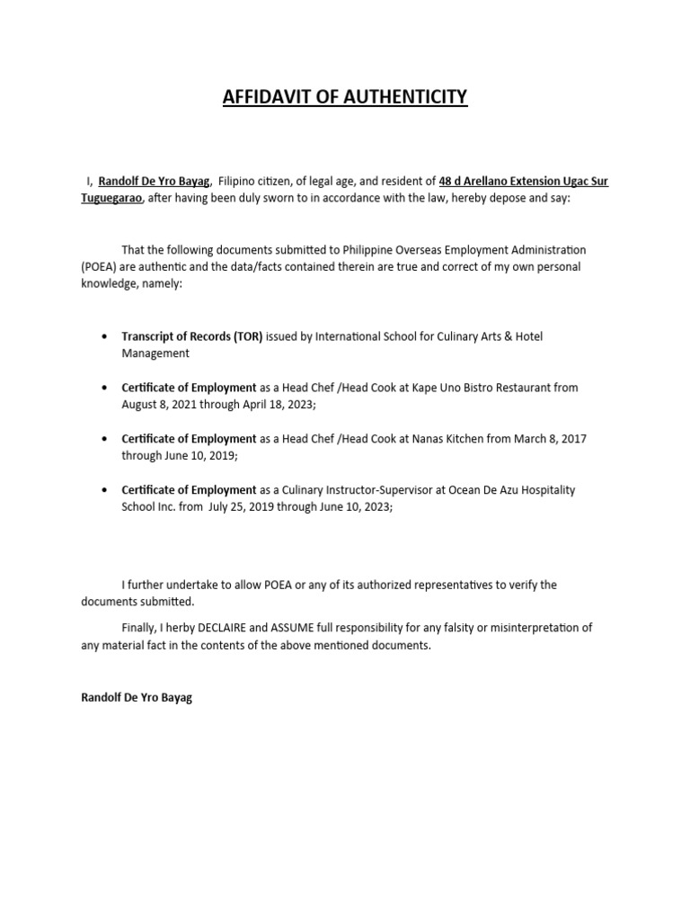 Affidavit of Authenticity Randolf | PDF