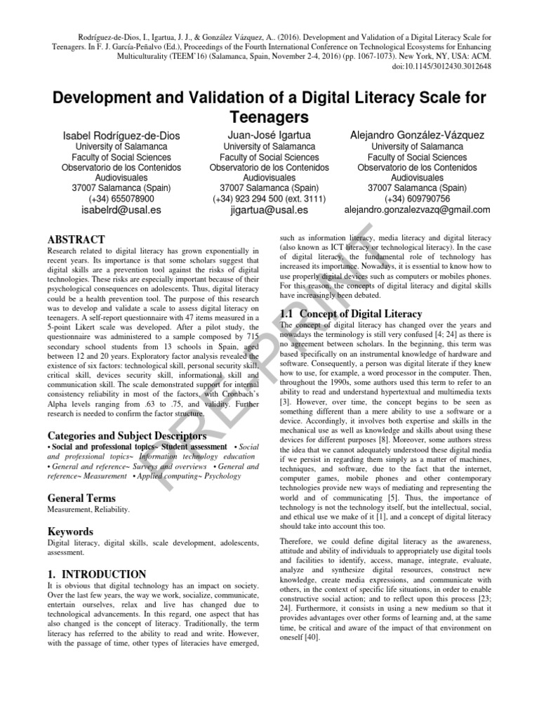 Development and Validation of A Digital Literacy Scale For Teenagers PRE-PRINT | Download Free ...