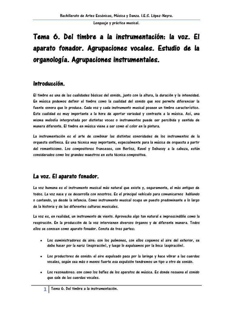 Tema 6. El Timbre. | PDF | Instrumentos musicales | Música vocal