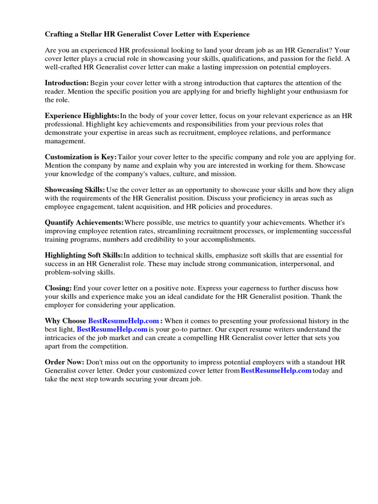 HR Generalist Cover Letter With Experience | PDF | Recruitment ...