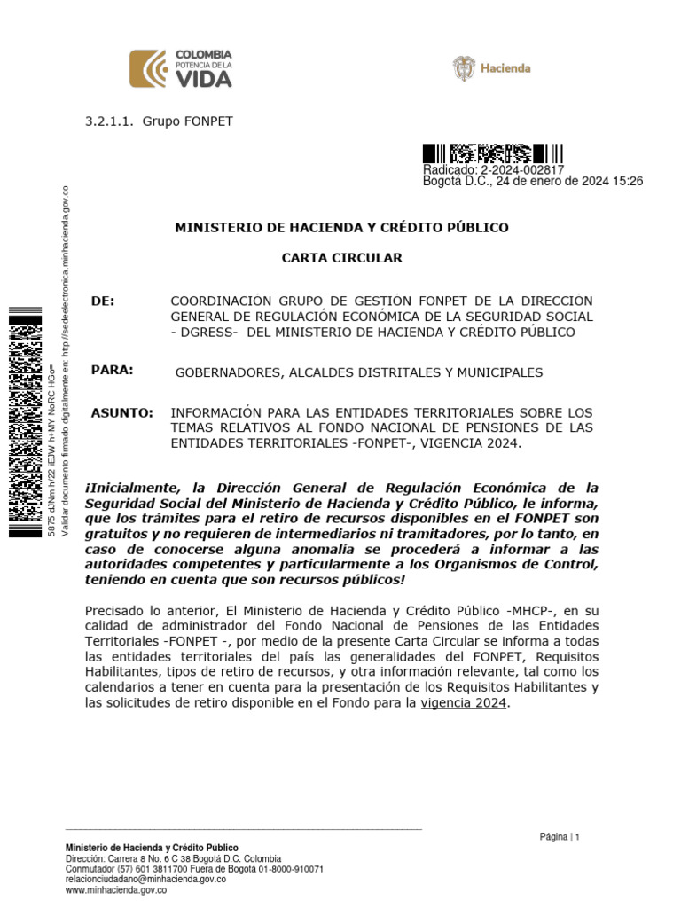 Carta Circular-Informacion Et-Vigencia 2024-Ver 24 Enero Def | PDF | Bogotá | Colombia