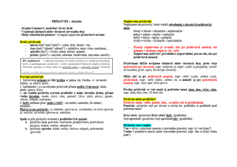 Príslovky - Poznámky | PDF