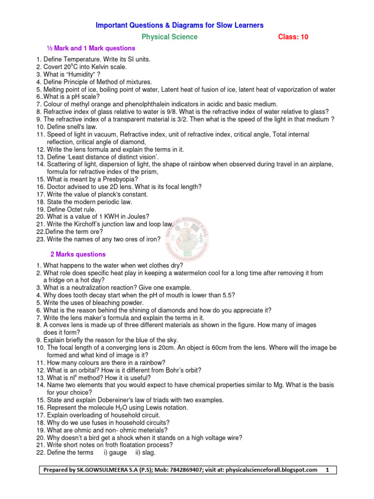 Important Questions For Slow Learners | PDF | Refractive Index | Refraction