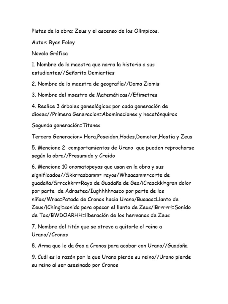 Pistas de La Obra (Zeus y El Ascenso de Los Olimpicos) 6° | PDF | Zeus ...