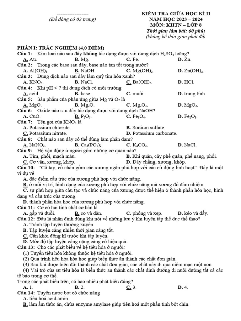 KHTN 8 - GKII - ĐỀ KT giữa kì | PDF
