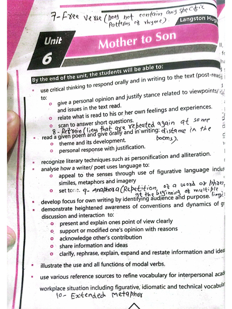 Unit # 06 - Mother to Son (Poem) - (11th) | PDF