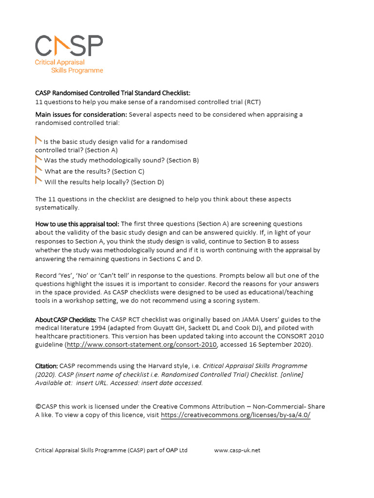 CASP RCT Checklist for Appraisal | PDF | Randomized Controlled Trial | Evidence