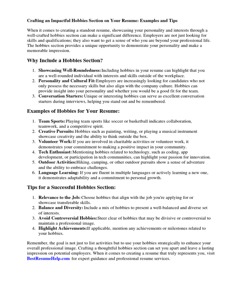 Hobbies Section On Resume Examples | PDF | Résumé | Hobbies