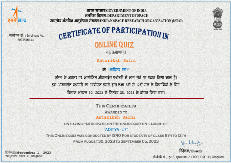 Certificate ISRO Antriksh Jigyasa | PDF