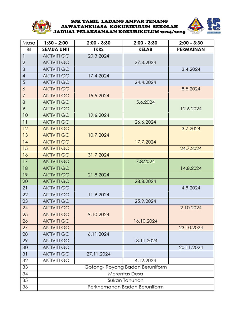 Jadual Kokurikulum 2024 | PDF Jadual Kokurikulum 2024 | PDF