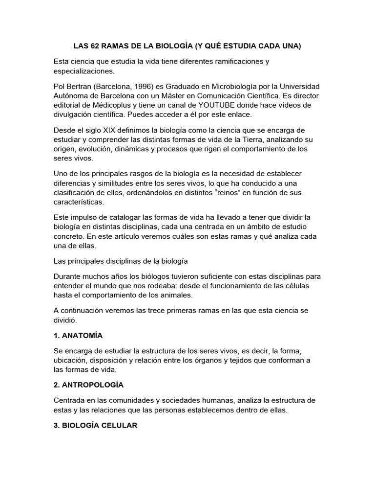 62 Ramas de La Biologia | PDF | Biología | Ingeniería biológica