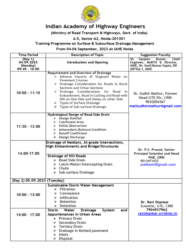 3 Days Off-Line Mode Schedule of TRG Prog On Surface & Subsurface ...