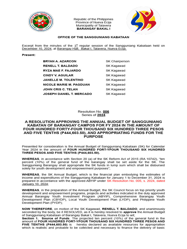SK Annual Budget Resolution 2024 | PDF | Economies | Government