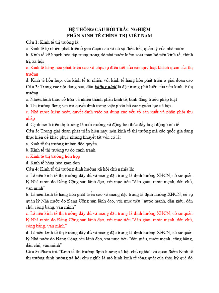 Các câu hỏi trắc nghiệm phần KTCT Việt Nam C5. 6 | PDF