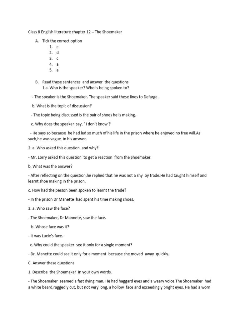 The Shoemaker English Class 8 | PDF