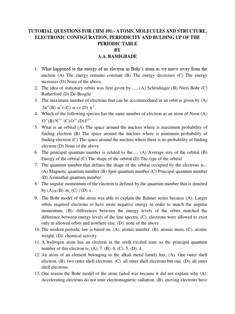 Tutorial Questions For CHM 101 | PDF | Atomic Orbital | Molecules