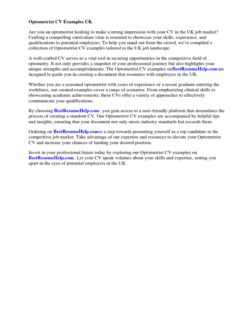 UK Optometrist CV Examples & Tips | PDF | Optometry | Résumé