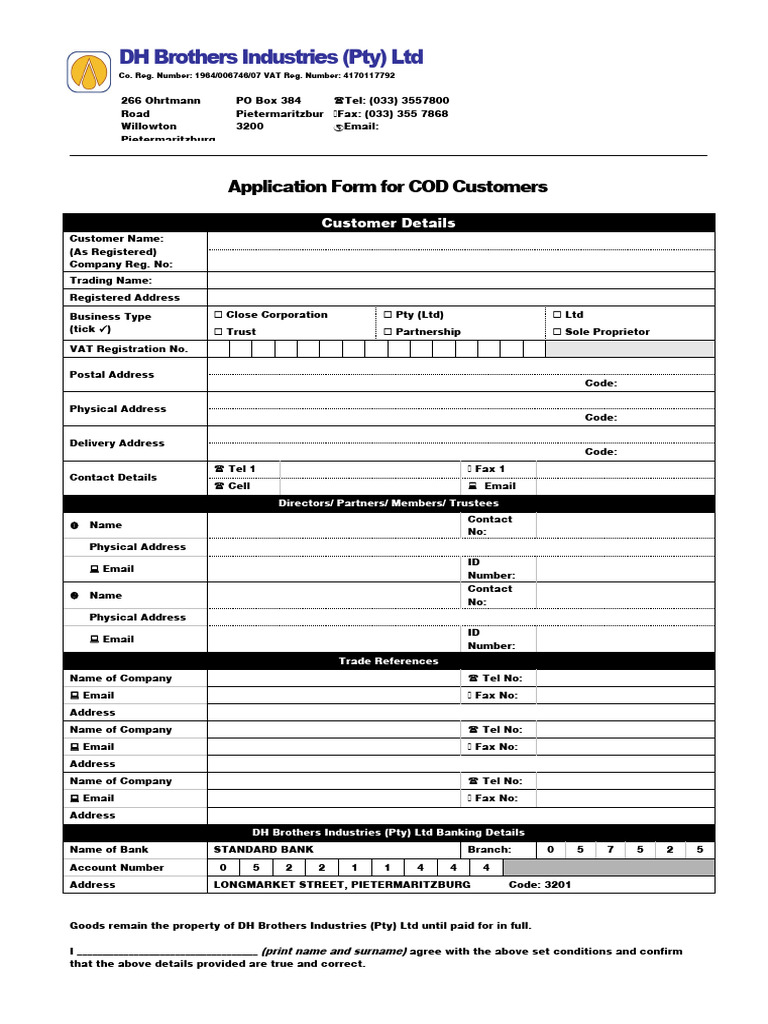 COD Application Form for Customers | PDF | Private Law | Business