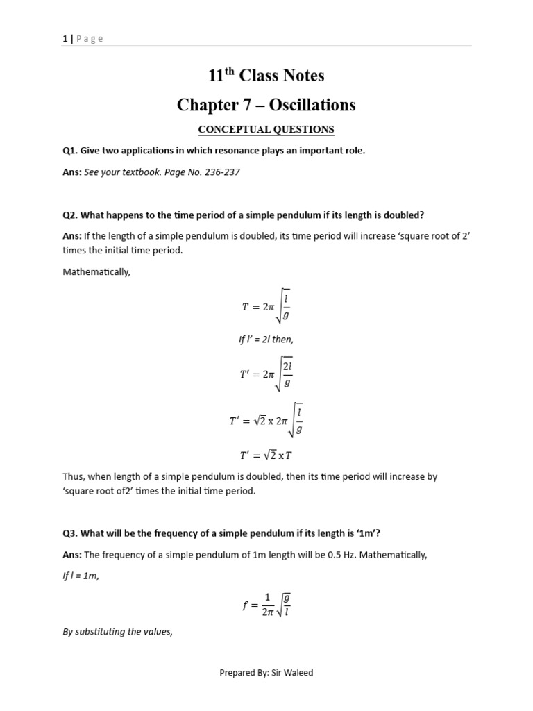 11th Class Notes on Oscillations | PDF | Resonance | Pendulum