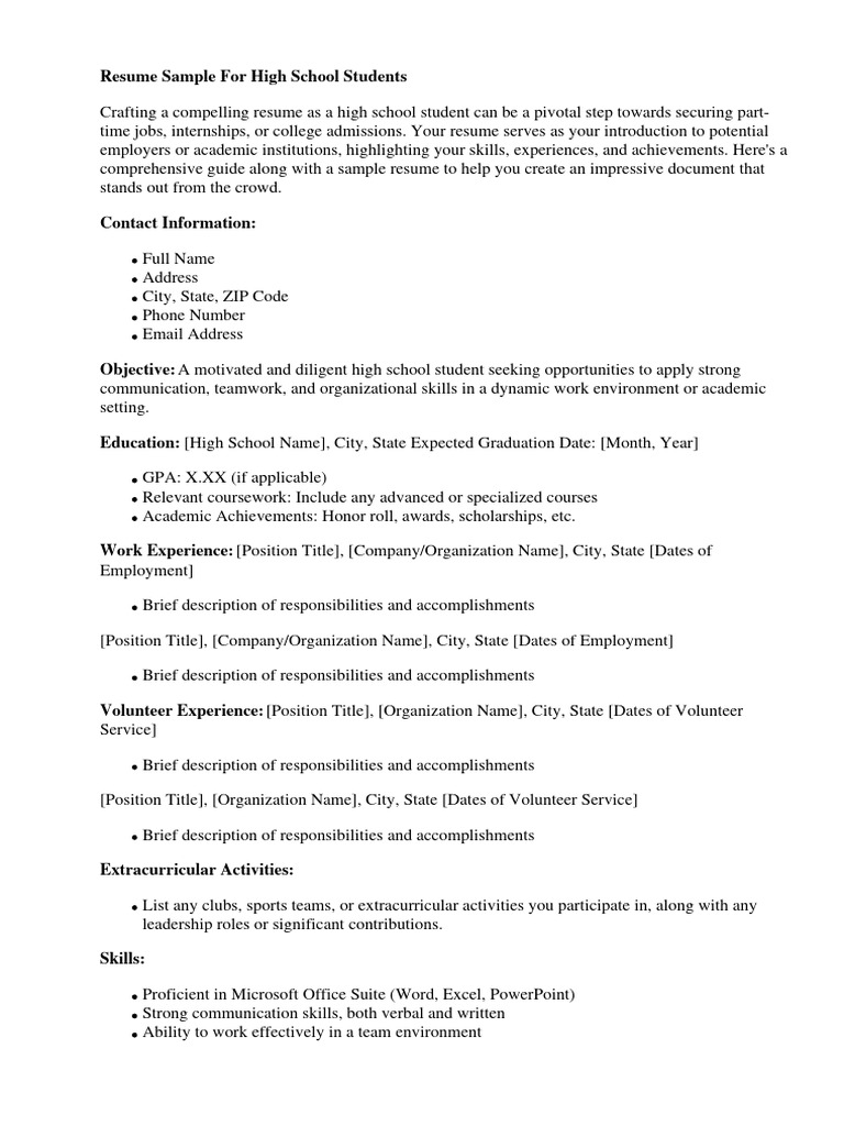 Resume Sample For High School Student No Experience | Download Free PDF ...