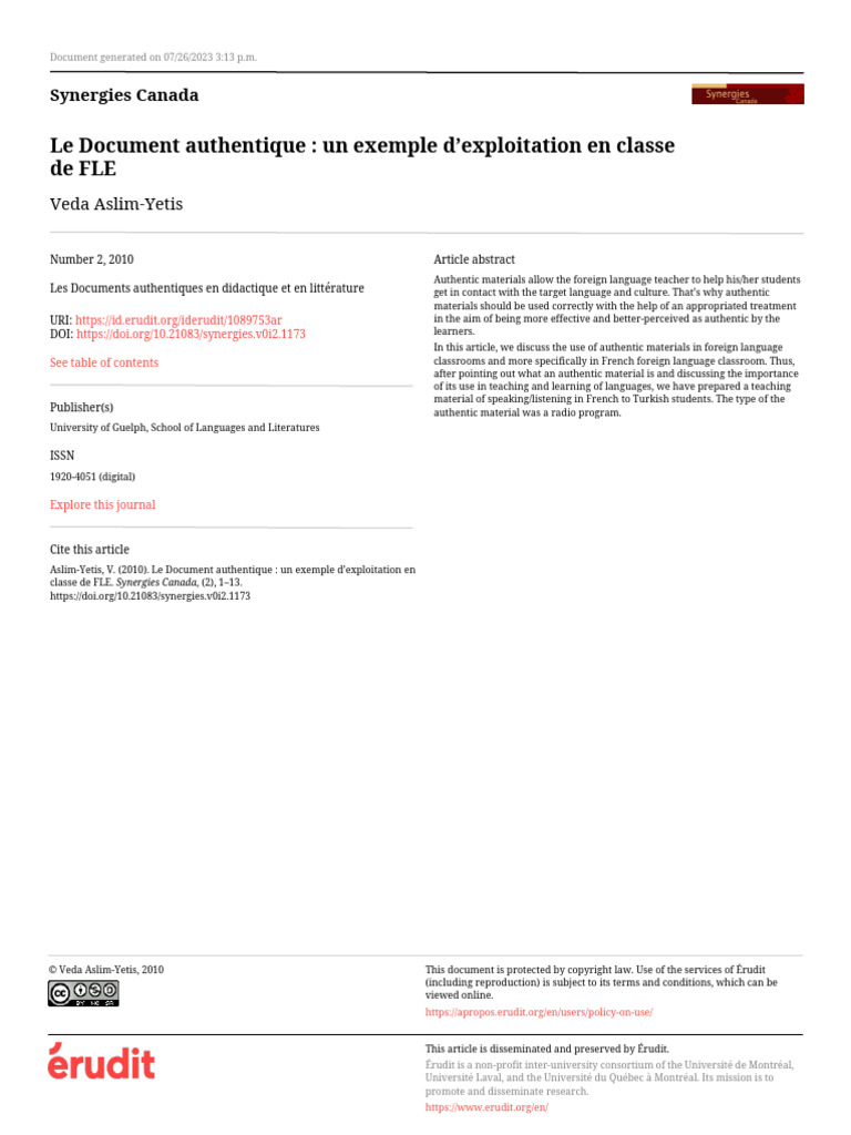 ASLIM-YETIS, V. Le Document Authentique Un Exemple D'exploitation en ...