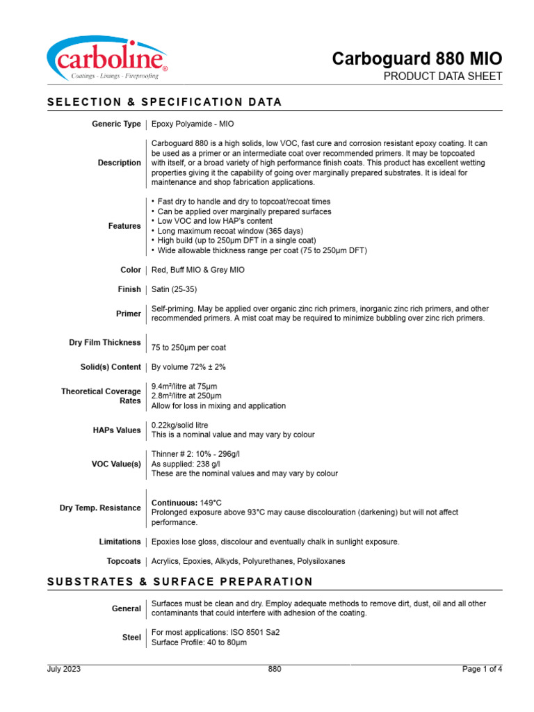 Carboguard 880 MIO PDS | PDF | Humidity | Epoxy