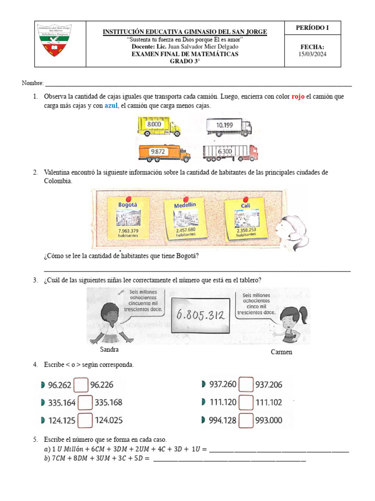 Examen Final de Matemáticas 3° Grado | PDF