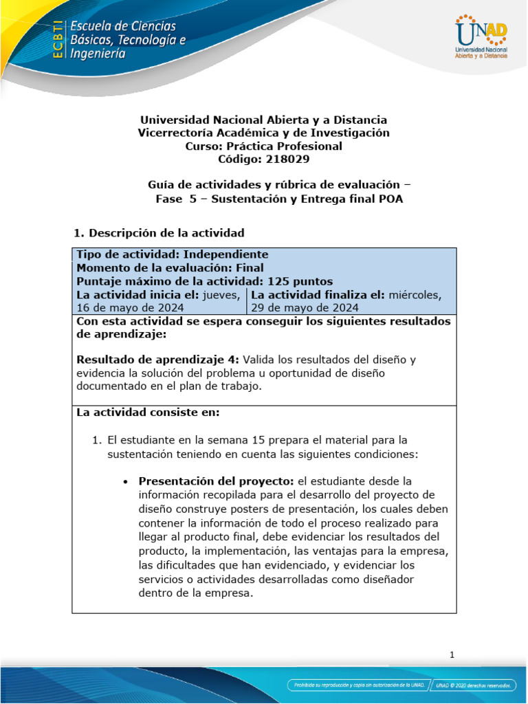 Guia de Actividades y Rúbrica de Evaluación - Fase 5. Sustentacion y Entrega Final POA | PDF ...