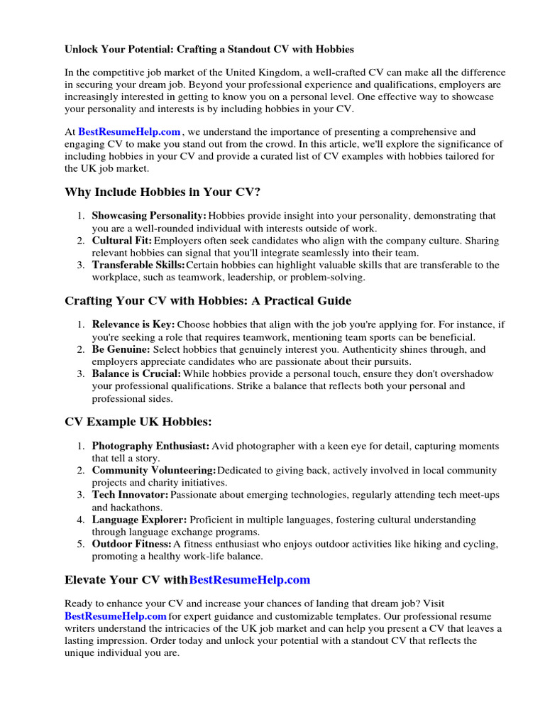 CV Example Uk Hobbies | PDF | Résumé | Hobbies