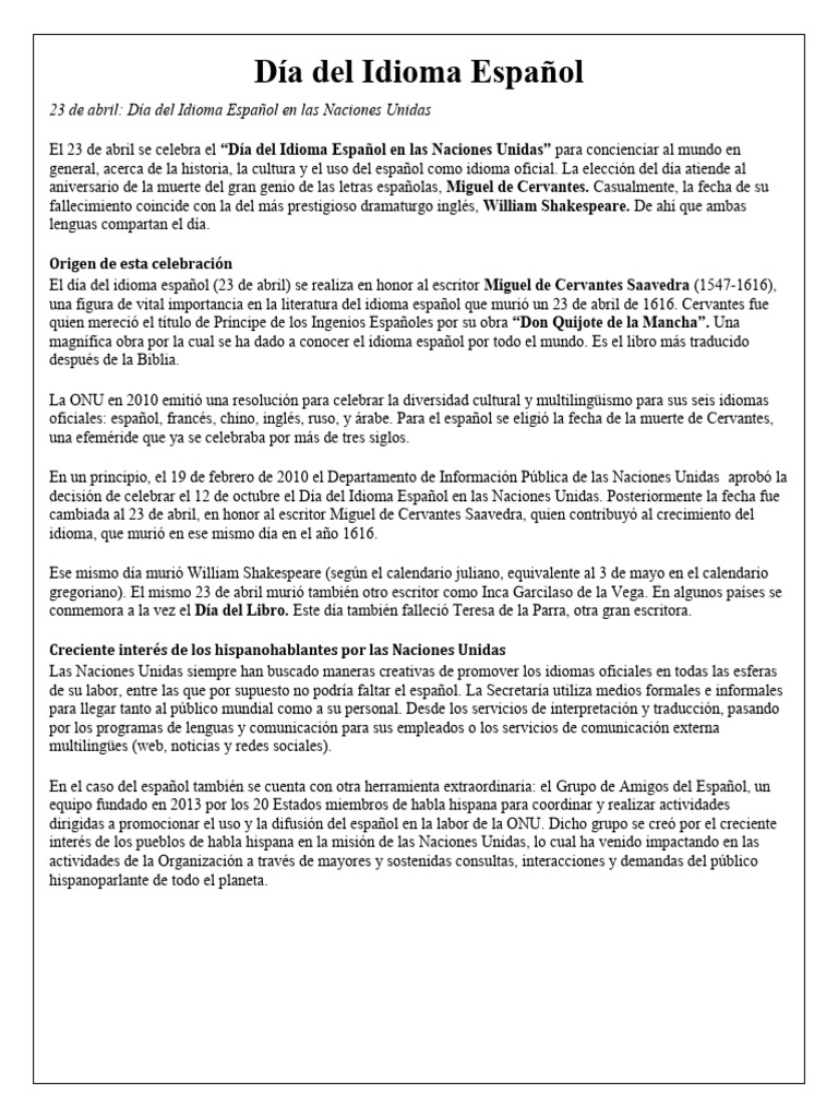 Día Del Idioma Español | PDF | Lengua española | Miguel De Cervantes