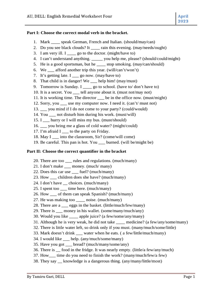 English Modal Verbs and Quantifiers Worksheet | PDF