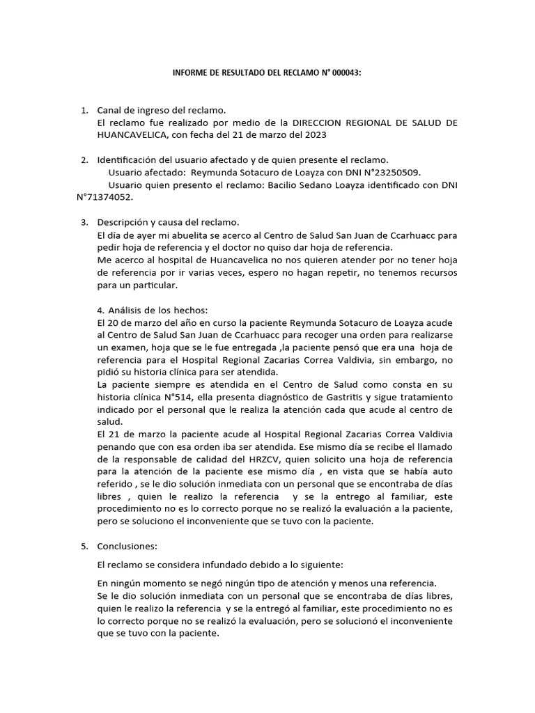 Informe de Resultado Del Reclamo | PDF | Hospital | Cuidado de la salud