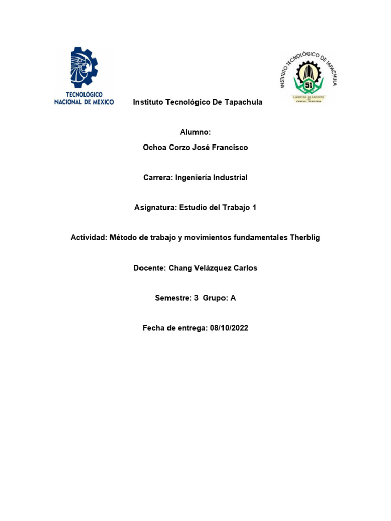 Estudio de Movimientos Therbligs | PDF | Factores humanos y ergonomía ...