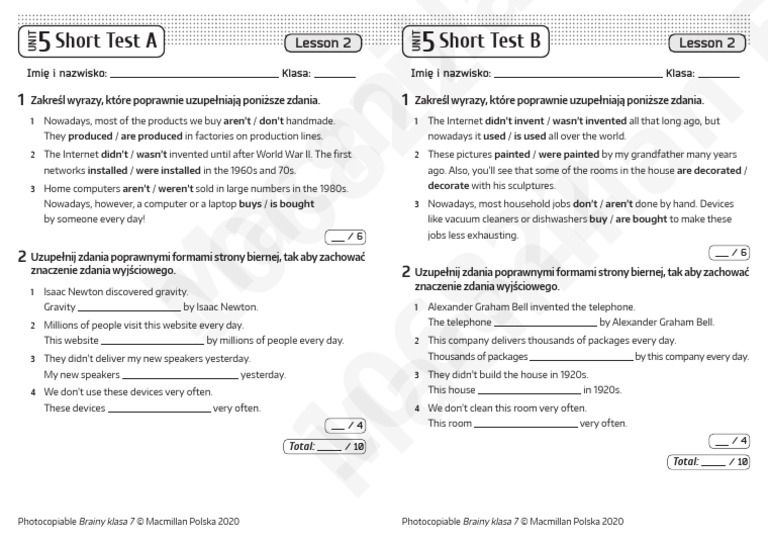 Brainy kl7 Short Tests Unit 5 Lesson 2 | PDF | Design | Information And ...