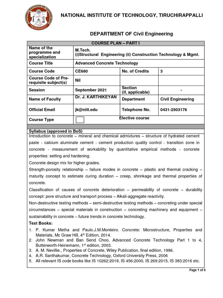 Advanced Concrete Technology Course Plan | PDF | Concrete | Engineering