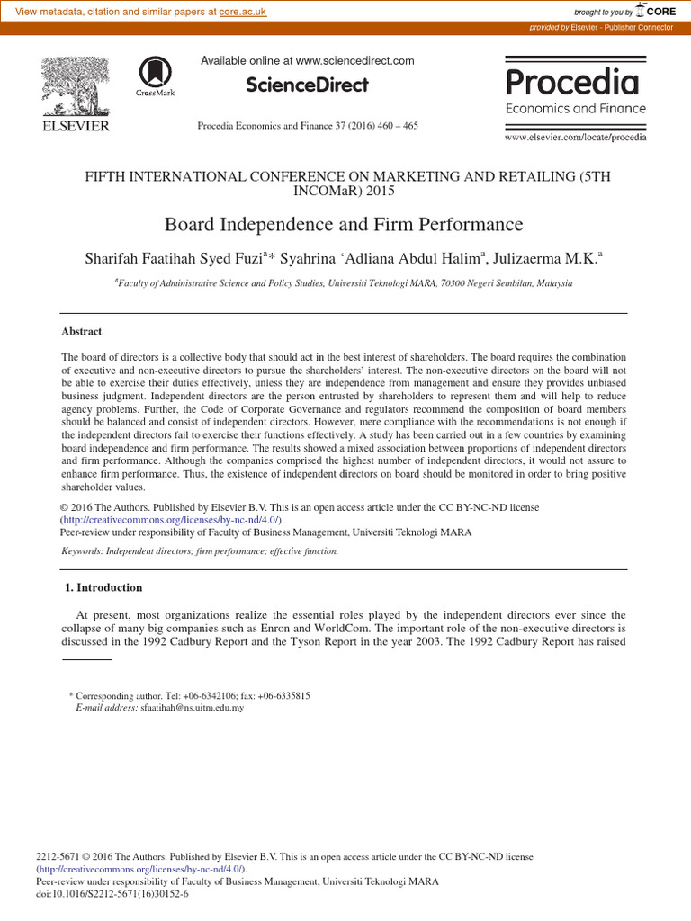 Board Independence and Firm Performance | PDF | Corporate Governance ...