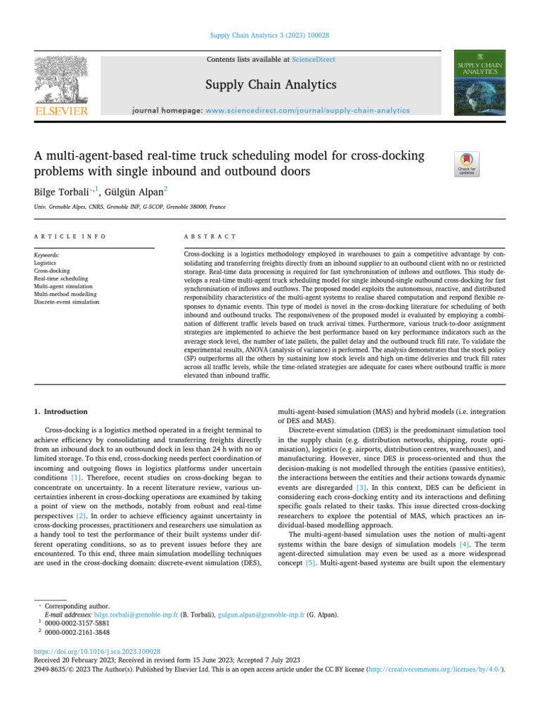 A Multi-Agent-Based Real-Time Truck Scheduling Model For Cross-Docking Problems With Single ...
