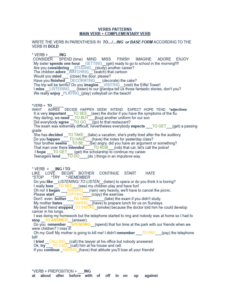 A1 Verbs Patterns | PDF