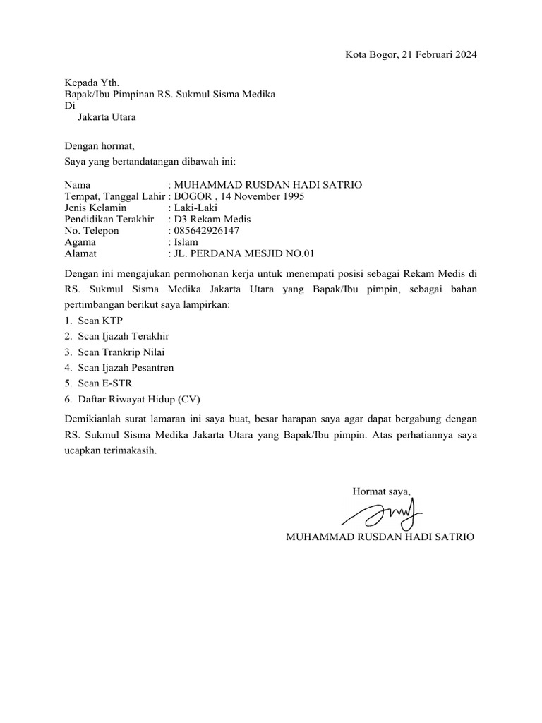 Surat Lamaran Kerja Rekam Medis RS Sukmul | PDF