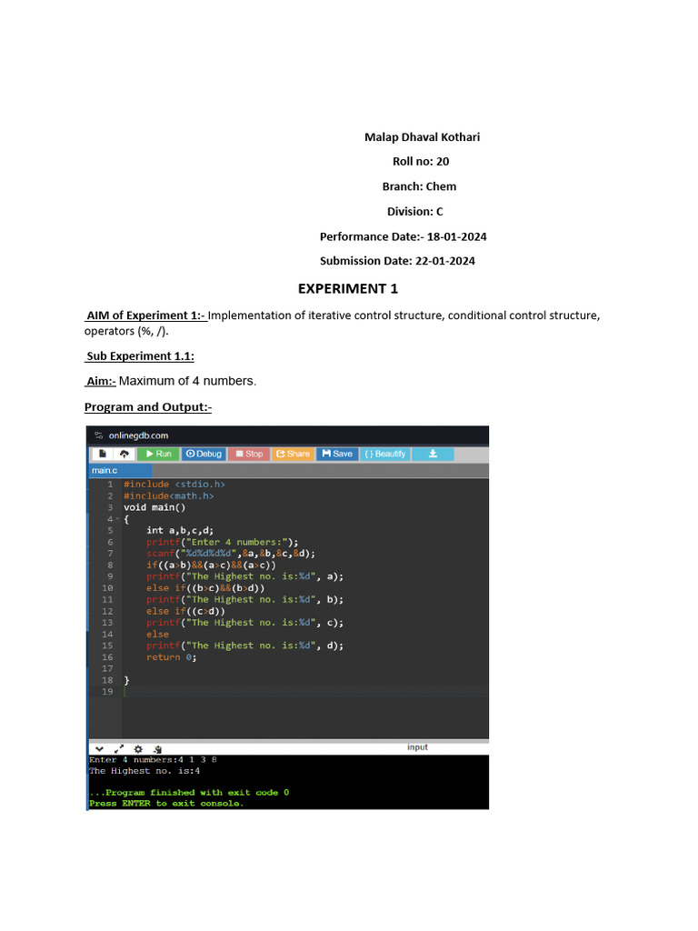 CP 20 CHEM C Experiment1 | PDF | Computer Programming | Computer Engineering