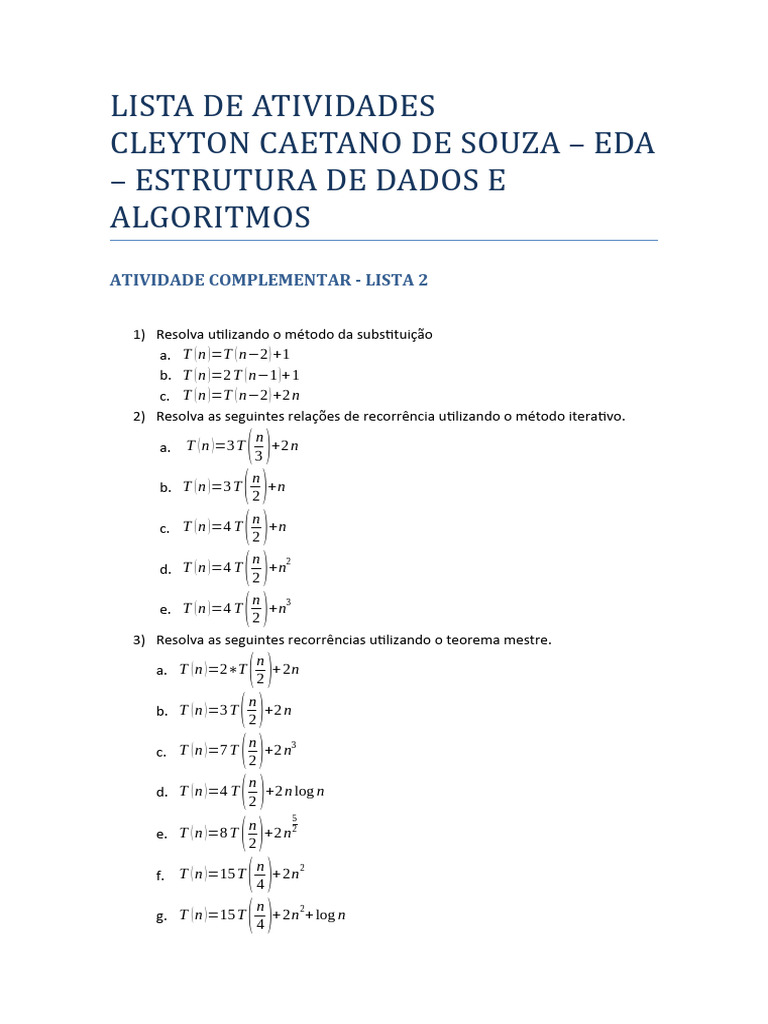 EXERCICIOS - ANÁLISE DE ALGORITMOS - PARTE 2 | PDF | Algoritmos ...
