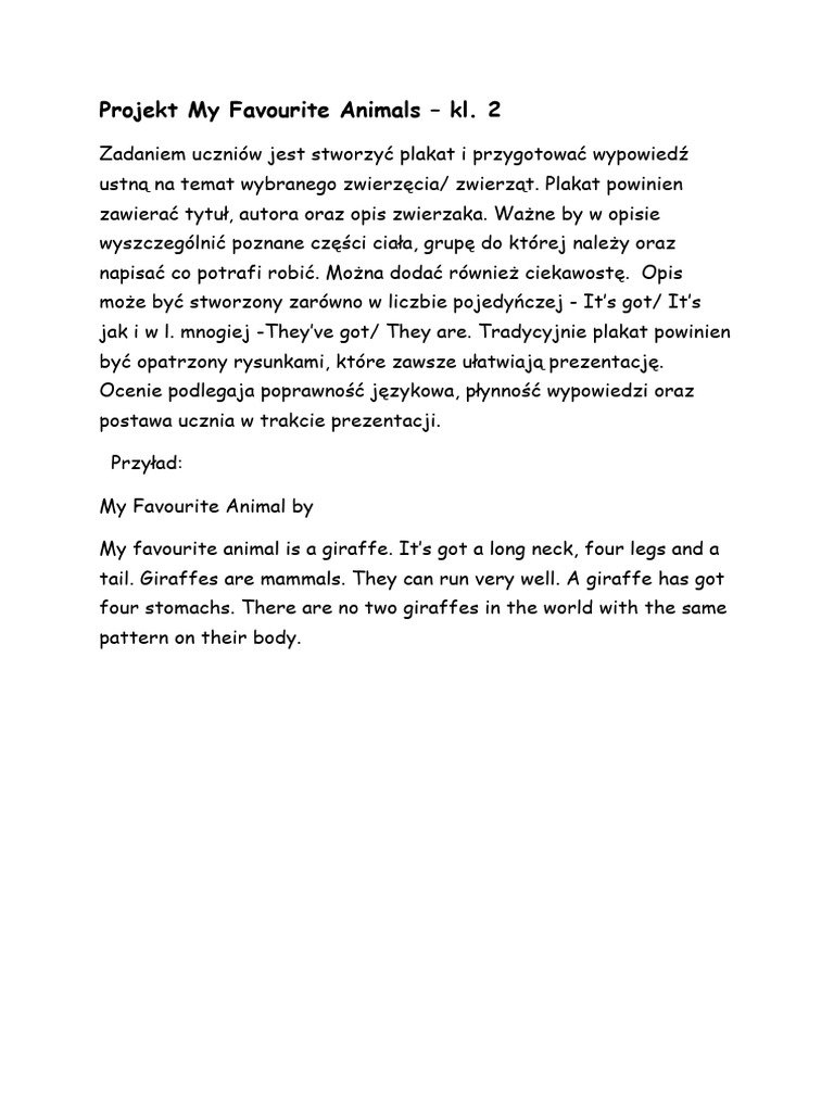 Projekt My Favourite Animals kl.2 4 | PDF