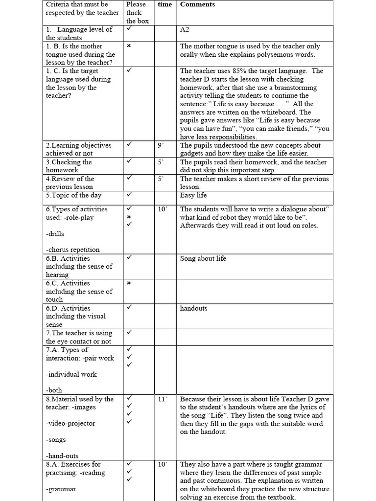 Classroom Observation Sheet seventh grade | PDF | Teachers | Teaching