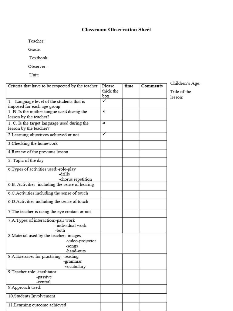 Classroom Observation Sheet | PDF