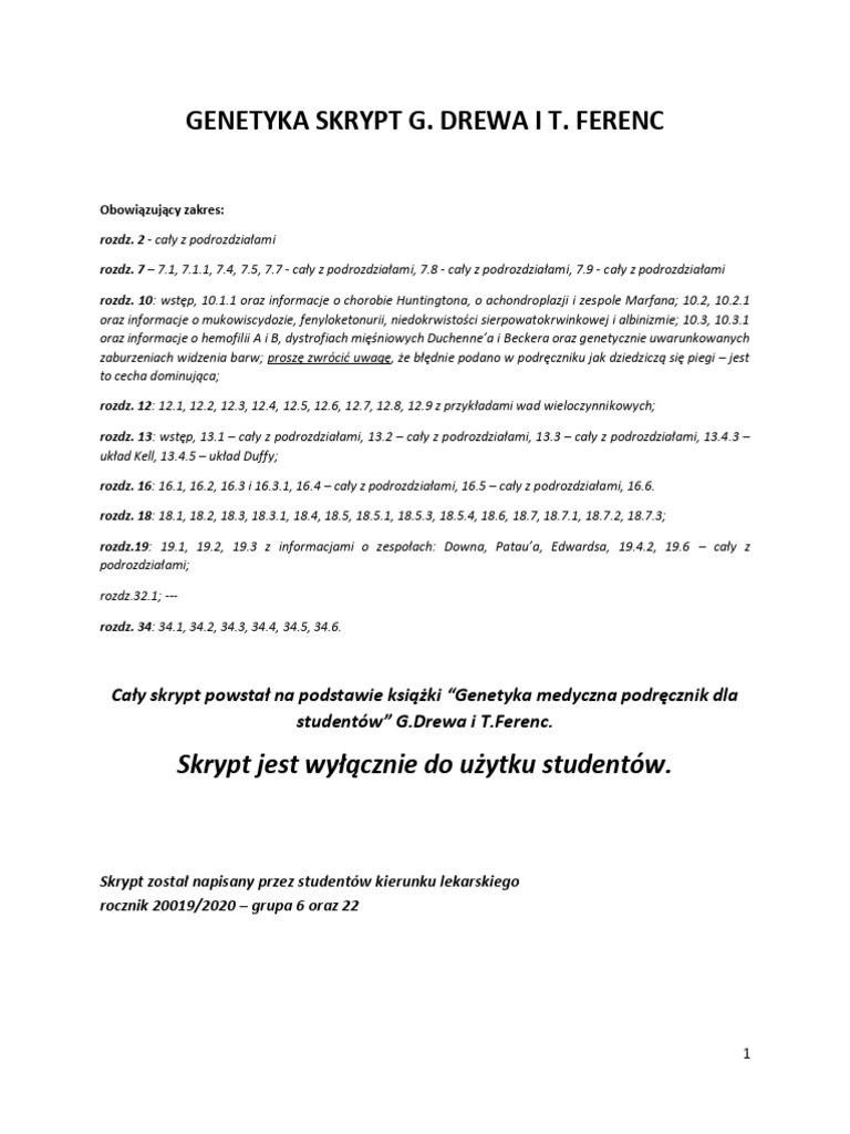 Genetyka G. Drewa I T.Ferenc - Skrypt Z Genetyki | PDF