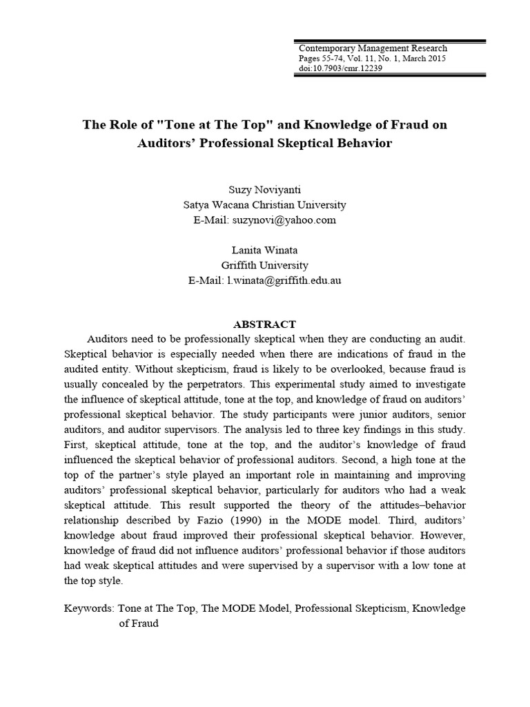 Tone at The Top and Knowledge of Fraud | PDF | Attitude (Psychology ...