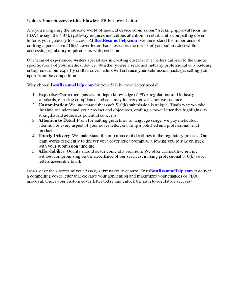 510K Cover Letter | PDF | Federal Food | Food And Drug Administration