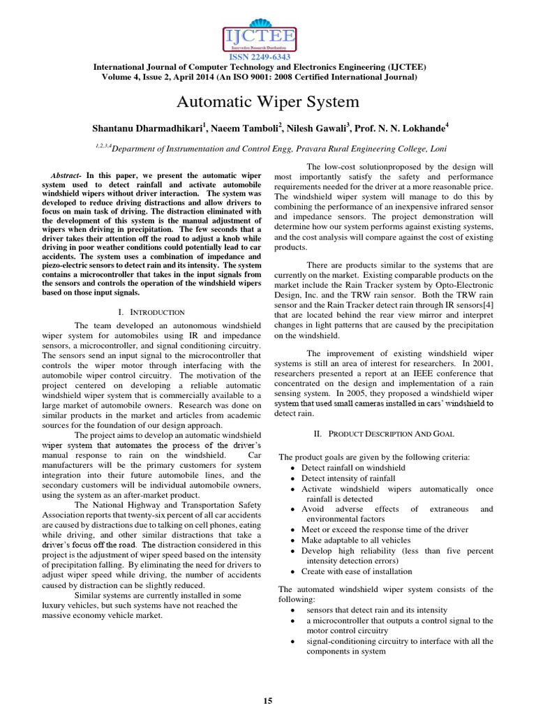 Automatic Wiper System: Shantanu Dharmadhikari, Naeem Tamboli, Nilesh Gawali, Prof. N. N ...
