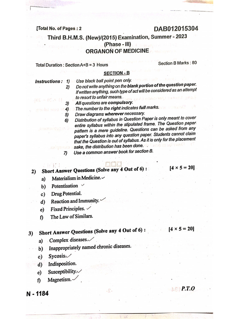 3rd BHMS (2015) - 2023 - Summer - Questions Paper | PDF